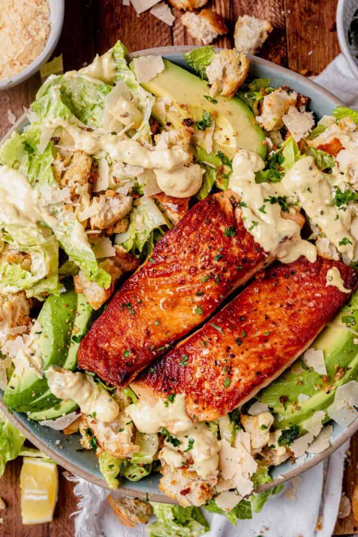 Salmon Caesar Salad with Homemade Croutons