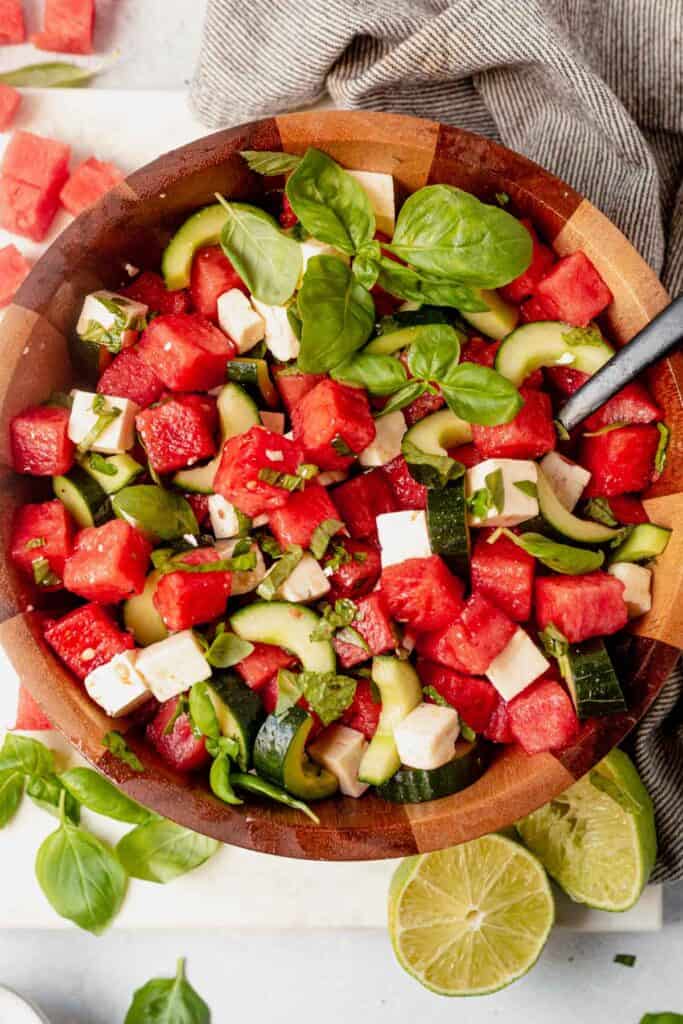 Easy Watermelon Basil Salad with Feta and Cucumber
